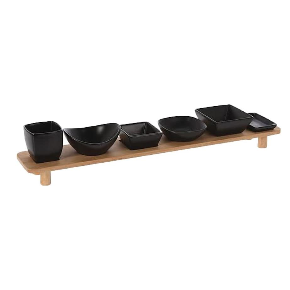 Excellent Houseware 7 Piece Serving Bowl with Bamboo Tray Set Black ...